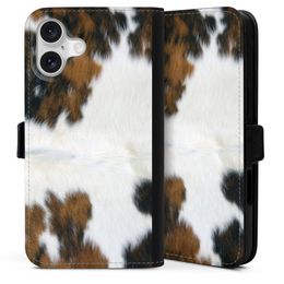 DeinDesign iPhone 16 Plus Handy Klapph&uuml;lle Handyh&uuml;lle aus Kunst Leder schwarz Flip Case Cow Fur Cow Skin Sideflip mit Lasche