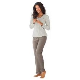 H.I.S. Pyjama H.I.S, Damen, Gr. 56/58, beige (creme, taupe), Single Jersey, Obermaterial: 100% Baumwolle, gestreift, unifarben, Basic, Basic lang, V-Ausschnitt, eingesetzt Blende kontrastfarben, Homewear-Sets Pyjama, mit garngef&auml;rbten Streifen