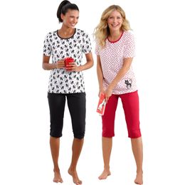 wäschepur Damen Capri-Schlafanzüge mit Katzenmotiven weiß-schwarz-bedruckt + weiß-rot-bedruckt, Größe 48/50