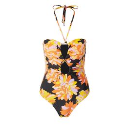 Seafolly Badeanzug 'Palm Springs' Damen Größe XL pastellgelb / helllila / orange / schwarz