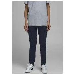 Jack & Jones Cargohose JACK & JONES JUNIOR "JPSTPAUL JJFLAKE AKM 542 NAVY NOOS JNR", Jungen, Gr. 164, N-Gr, blau (navy blazer), Web, Obermaterial: 98% Baumwolle, 2% Elasthan, unifarben, slim fit kn&ouml;chellang, Hosen Cargohose