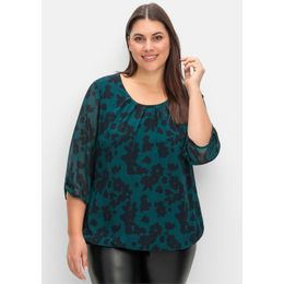sheego Gro&szlig;e Gr&ouml;&szlig;en Tunika in Chiffon-Qualit&auml;t, gef&uuml;ttert, tiefgr&uuml;n-gemustert, Gr&ouml;&szlig;e 52/54 - Damen