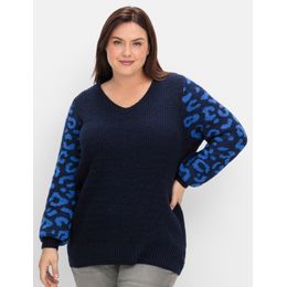 sheego Gro&szlig;e Gr&ouml;&szlig;en V-Ausschnitt-Pullover Ballon&auml;rmel mit Leo-Muster, tiefblau-gemustert, Gr&ouml;&szlig;e 40/42 - Damen