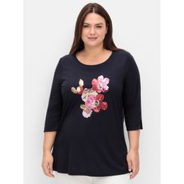 sheego Gro&szlig;e Gr&ouml;&szlig;en 3/4-Arm-Shirt mit Blumen-Stickerei aus Pailletten, tiefblau, Gr&ouml;&szlig;e 52/54 - Damen