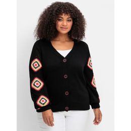 sheego by Joe Browns sheego Gro&szlig;e Gr&ouml;&szlig;en Strickjacke mit H&auml;kel-Patches, schwarz, Gr&ouml;&szlig;e 52/54 - Damen