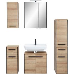 SAPHIR Badmöbel-Set »Quickset 395 5-teilig, Waschbeckenunterschrank mit LED-Spiegelschrank« 6 Stk. tlg. braun