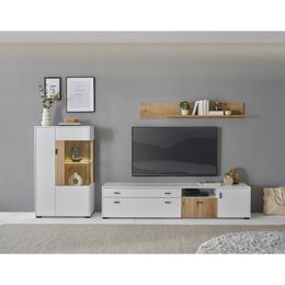 Inosign Wohnwand »HUDSON« Set, 3 Stk. tlg. Weiß Matt TZ, Applikation Evoke Eiche MDF TZ Set besteht aus 1 Stauraumvitrine, 1 Lowboard und 1 Wandregal