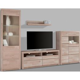 Home Affaire Wohnwand »Silkeborg« Set, 4 Stk. tlg. Eiche weiß gekalkt teilmassiv Set besteht aus 1 Vitrine, 1 Lowboard, 1 Wandregal und 1 Highboard