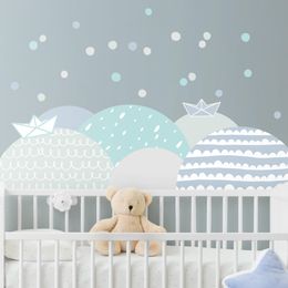 Wandtattoos Berge Schiffchen Pastell Blau T&uuml;rkis - Wandsticker, Wandaufkleber Kinder Natur Kinderzimmer Jungen Jungenzimmer Baby Babyzimmer Blau