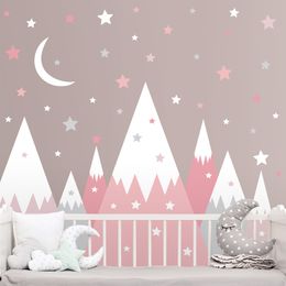 Bilderwelten Wandtattoo Himmel Digital Art Aquarell Wandaufkleber - Schneebedeckte Berge Sterne und Mond Rosa - Himmel Kinderzimmer Baby M&auml;dchen Jungen