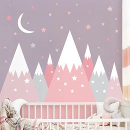 Wandtattoos Schneebedeckte Berge Sterne und Mond Rosa - Wandsticker, Wandaufkleber Kinder Himmel Kinderzimmer M&auml;dchen M&auml;dchenzimmer Baby Babyzimmer