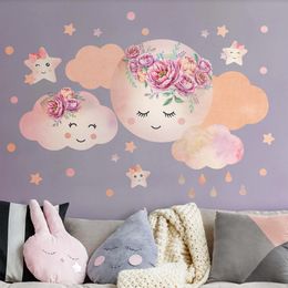 Wandtattoos Aquarell Mond Wolken und Sterne mit Rosen - Wandsticker, Wandaufkleber Aquarell Illustration Kinder Himmel Kinderzimmer Baby Babyzimmer