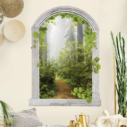 Wandtattoos Steinbogen Nebliger Waldpfad mit Ranken - Wandsticker, Wandaufkleber 3D-Optik Wald B&auml;ume Blumen Floral Natur Bad Badezimmer K&uuml;che S-XXL