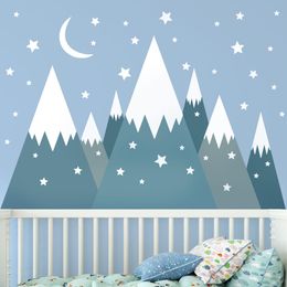 Wandtattoo Natur Berge Kinderzimmer Schneebedeckte Berge Sterne und Mond Wandsticker Kinder Winter Wandaufkleber Landschaft WinterDeko