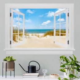 Wandtattoos Offenes Fenster Strand an der Nordsee - Wandsticker, Wandaufkleber 3D-Optik Natur Strand Bad Badezimmer Schlafzimmer Wohnzimmer Flur