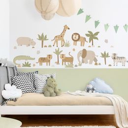 Bilderwelten Wandtattoo Tiere Digital Art bunt - XL Dschungeltiere Set - grün beige - Elefant Kinderzimmer Baby Mädchen Jungen