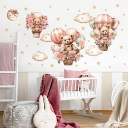 Wandtattoo Ballon Teddy Set mit Rosa Blüten -Wandsticker, Wandaufkleber Kinder Boho Kinderzimmer Jungen Mädchen Baby Wandklebebilder S bis XXL