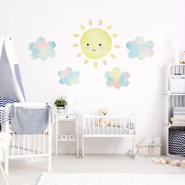 Wandtattoo Aquarell Sonne und Wolken - Wandsticker, Wandaufkleber Kinder Kinderzimmer Jungen Mädchen Baby Wandklebebilder S bis XXL