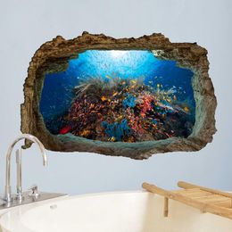 Wandtattoos 3D Lagune Unterwasser - Wandsticker, Wandaufkleber 3D-Optik Bad Badezimmer Schlafzimmer Wohnzimmer Flur Blau