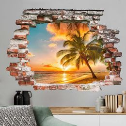 Wandtattoos 3D Sonnenaufgang am Strand - Wandsticker, Wandaufkleber 3D-Optik Strand Schlafzimmer Wohnzimmer Flur Esszimmer in S-XXL