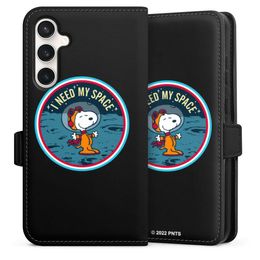 DeinDesign Galaxy S23 FE Handy Klapph&uuml;lle Handyh&uuml;lle aus Kunst Leder schwarz Flip Case Peanuts Weltall Snoopy Sideflip mit Lasche