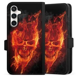 DeinDesign Galaxy S23 FE Handy Klapphülle Handyhülle aus Kunst Leder schwarz Flip Case Skull Fire Totenkopf Sideflip mit Lasche
