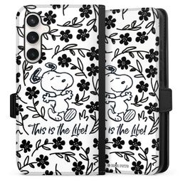 DeinDesign Galaxy S23 FE Handy Klapph&uuml;lle Handyh&uuml;lle aus Kunst Leder schwarz Flip Case Peanuts Flowers Snoopy Sideflip mit Lasche