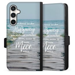 DeinDesign Galaxy S23 FE Handy Klapph&uuml;lle Handyh&uuml;lle aus Kunst Leder schwarz Flip Case Statement Beach Spruch Sideflip mit Lasche
