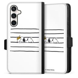 DeinDesign Galaxy S23 FE Handy Klapph&uuml;lle Handyh&uuml;lle aus Kunst Leder schwarz Flip Case Snoopy Dog Peanuts Sideflip mit Lasche