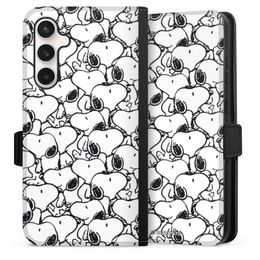 DeinDesign Galaxy S23 FE Handy Klapph&uuml;lle Handyh&uuml;lle aus Kunst Leder schwarz Flip Case Peanuts Snoopy Muster Sideflip mit Lasche