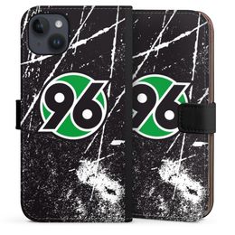 DeinDesign iPhone 14 Plus Handy Klapph&uuml;lle Handyh&uuml;lle aus Kunst Leder schwarz Flip Case Coat Of Arms H96 Hannover 96 Sideflip mit langer Lasche