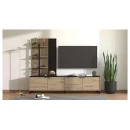 Wohnwand Home Affaire "Margate inkl.TV-Board und Standregal", schwarz (artisan eiche, schwarz), B:208cm H:167cm T:40cm, Hartfaserplatte, MDF, Spanplatte, Kastenm&ouml;bel-Sets, Wohnwand, 208 cm, mit dekorativen schwarzen Streifen, metallgriffe