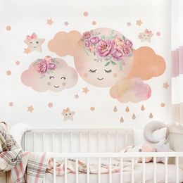 Bilderwelten Wandtattoo Himmel Illustration selbstklebend rosa - Aquarell Mond Wolken und Sterne mit Rosen - Himmel Kinderzimmer Baby Mädchen Jungen