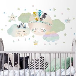 Bilderwelten Wandtattoo Himmel Illustration Aquarell grün - Aquarell Mond Wolken Sterne Federn - Himmel Kinderzimmer Baby Mädchen Jungen