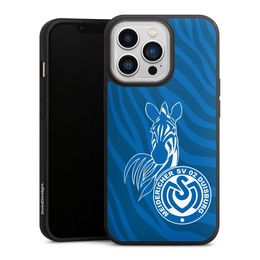DeinDesign iPhone 13 Pro Handy Premium Silikon H&uuml;lle Handyh&uuml;lle schwarz Case Merchandise Msv Duisburg Zebra Silikon Premium Case
