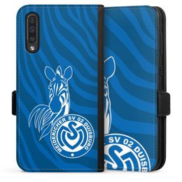 DeinDesign Galaxy A50 Handy Klapph&uuml;lle Handyh&uuml;lle aus Kunst Leder schwarz Flip Case Merchandise Msv Duisburg Zebra Sideflip mit Lasche