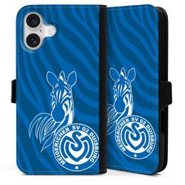 DeinDesign iPhone 16 Plus Handy Klapph&uuml;lle Handyh&uuml;lle aus Kunst Leder schwarz Flip Case Merchandise Msv Duisburg Zebra Sideflip mit Lasche
