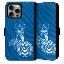 DeinDesign iPhone 16 Pro Handy Klapph&uuml;lle Handyh&uuml;lle aus Kunst Leder schwarz Flip Case Merchandise Msv Duisburg Zebra Sideflip mit Lasche