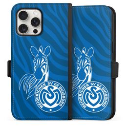 DeinDesign iPhone 15 Pro Max Handy Klapph&uuml;lle Handyh&uuml;lle aus Kunst Leder schwarz Flip Case Merchandise Msv Duisburg Zebra Sideflip mit Lasche