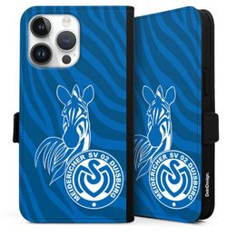 DeinDesign iPhone 14 Pro Max Handy Klapph&uuml;lle Handyh&uuml;lle aus Kunst Leder schwarz Flip Case Merchandise Msv Duisburg Zebra Sideflip mit Lasche