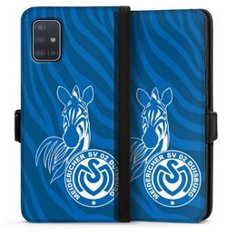 DeinDesign Galaxy A51 Handy Klapph&uuml;lle Handyh&uuml;lle aus Kunst Leder schwarz Flip Case Merchandise Msv Duisburg Zebra Sideflip mit Lasche