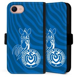DeinDesign iPhone 16e Handy Klapph&uuml;lle Handyh&uuml;lle aus Kunst Leder schwarz Flip Case Merchandise Msv Duisburg Zebra Sideflip mit Lasche
