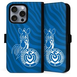 DeinDesign iPhone 16 Pro Max Handy Klapph&uuml;lle Handyh&uuml;lle aus Kunst Leder schwarz Flip Case Merchandise Msv Duisburg Zebra Sideflip mit Lasche