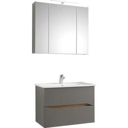 Badmöbel-Set SAPHIR "Quickset 2-teilig, Keramikwaschtisch mit LED-Spiegelschrank", grau (quarzgrau matt, akzent riviera eiche quer nb), Kastenmöbel-Sets, 80 cm breit, 2 Schubladen, 3 Spiegeltüren, 6 Einlegeböden