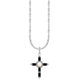 Kette mit Anhänger Thomas Sabo "Cross Romance" Gr. 45, bunt (silberfarben, weiß, schwarz), Halsketten, Damen, 45, Perlen Silber 925 (Sterlingsilber), B: 13mm, Perlen, Silber 925 (Sterlingsilber), mit Zirkonia (synth.) - mit Süßwasserzuchtperle, B:13mm