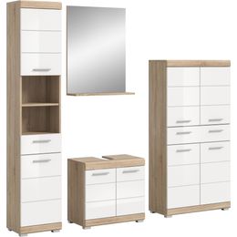 Badmöbel-Set Inosign "Siena, 4 teilig, bestehend aus:", weiß (eiche sonoma hell nb, weiß hochglanz mdf tz), B:186cm H:191cm T:34cm, Holzwerkstoff, MDF, Kastenmöbel-Sets, Hochschrank, Waschbeckenunterschrank, Badspiegel, Midischrank