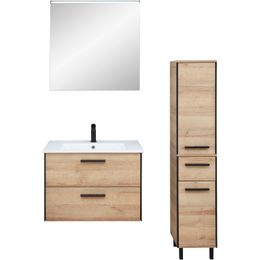 Badmöbel-Set SAPHIR "Quickset 395 3-teilig, Keramikwaschtisch mit LED-Spiegel", braun, Riviera Eiche quer Nachbildungmit schwarzem L-Profil vorne, Kastenmöbel-Sets, Badmöbel-Set, Midischrank, inkl. Türdämpfer, 2 Türen, 3 Schubladen, Bad-Set