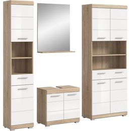 Badmöbel-Set Inosign "Siena, 4 teilig, bestehend aus:", weiß (eiche sonoma hell nb, weiß hochglanz mdf tz, mdf), B:186cm H:191cm T:34cm, Holzwerkstoff, MDF, Kastenmöbel-Sets, Hochschrank, Waschbeckenunterschrank, Badspiegel, Hochschrank breit