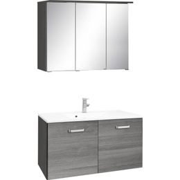 Badmöbel-Set Welltime "Ravenna", grau (grafit, eichefarben), Kastenmöbel-Sets, Breite 90 cm, Spiegelschrank und Waschtisch