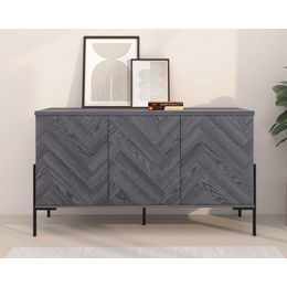 Sideboard LEONIQUE "Eadwine", grau eiche, B:130cm H:75cm T:38cm, MDF, Sideboards, Sideboard, Kommode, Push-to-open, T&uuml;ren mit Fischgr&auml;ten Muster, Breite 130 cm